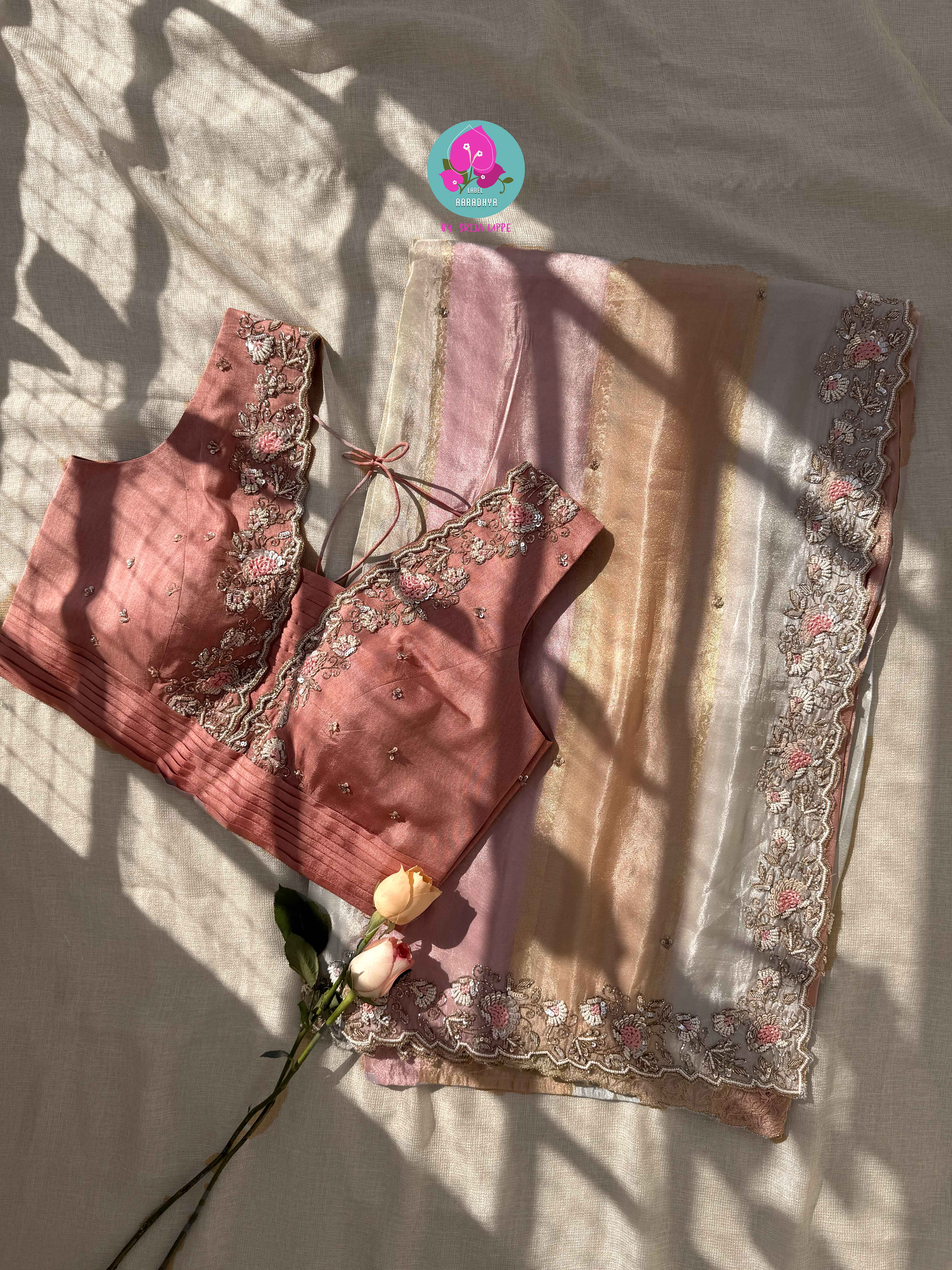The Gossamer Dream: Soft pastel Pink-Orange-Blue Saree with Delicate S ...